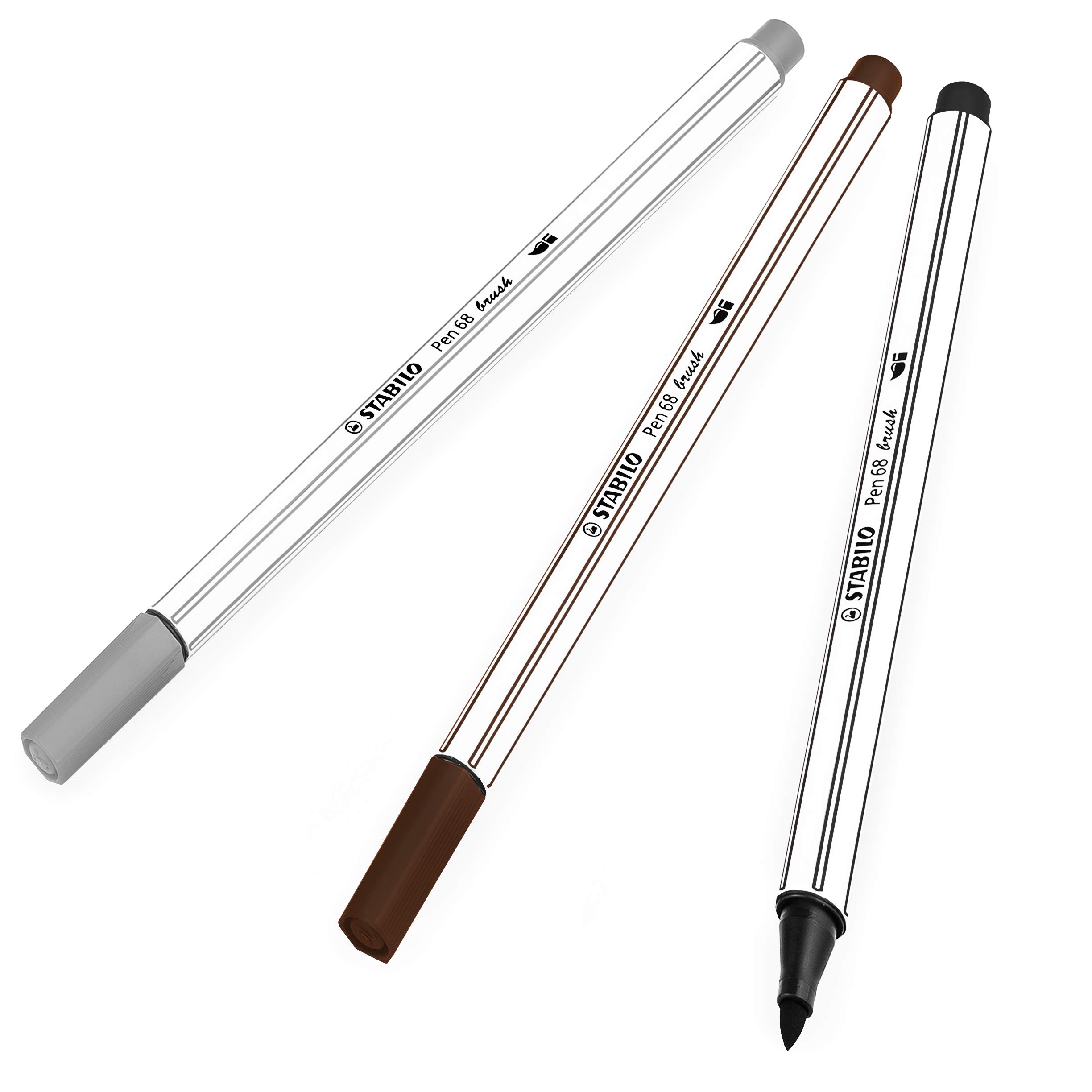 STABILO - Pen 68 Brush Felt Tip Pen - 1-3mm - Black, Brown, Grey - Pack of 3