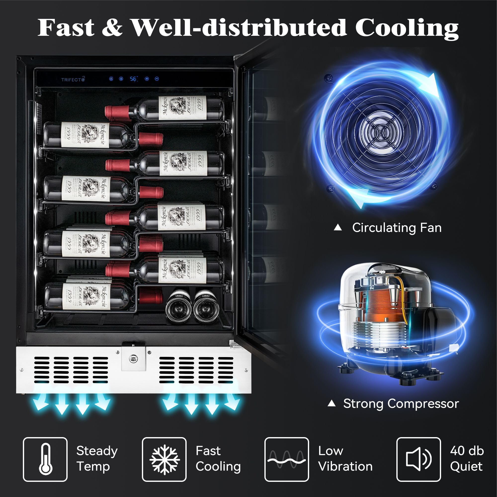 TRIFECTÉ Wine Fridge, 24" Wine Cooler Refrigerator Freestanding, 40 Bottles Wine Fridge Under Counter with Seamless Stainless Steel Door, Built-in Wine Cooler for Home, Kitchen, 4.87 cu.ft