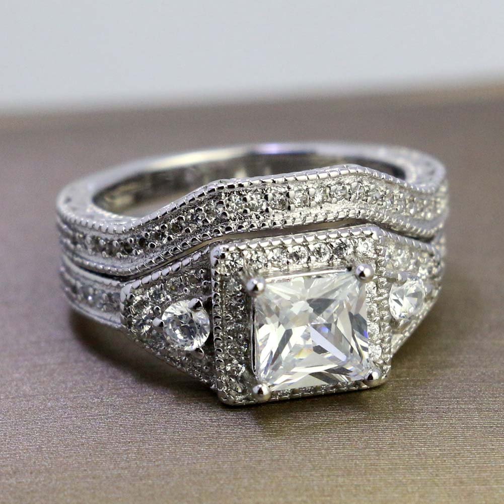 Two Rings His Hers Wedding Ring Sets Couples Matching Rings Women's 2pc White Gold Filled Square CZ Wedding Engagement Ring Bridal Sets & Men's Titanium Wedding Band