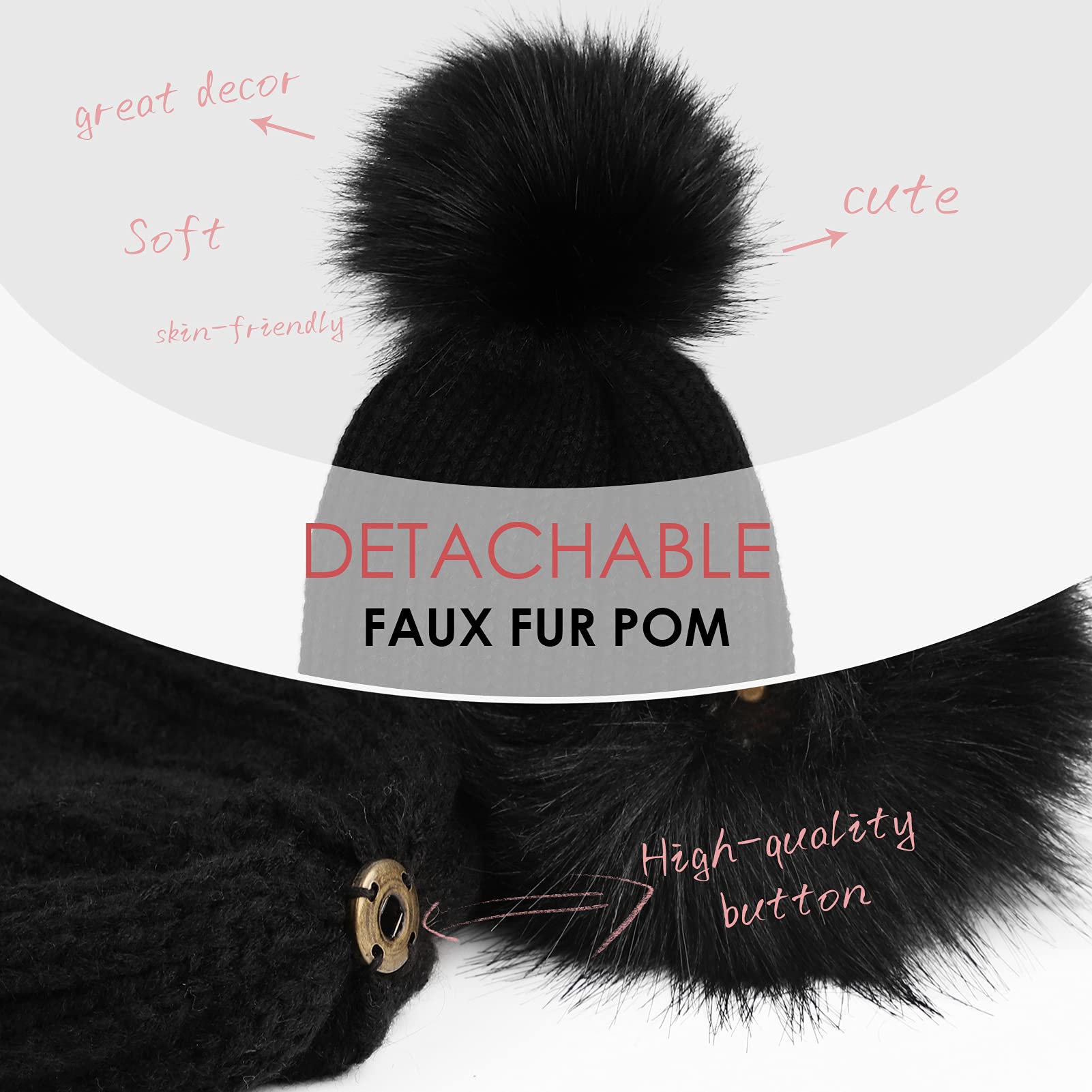 SHINCHIC Womens Winter Satin Lined Beanie Hat Cuffed Faux Fur Pom Hat Knitted Warm Soft Skull Cap Black