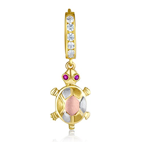 Wellingsale Ladies 14k Tri 3 Color Gold Polished Fancy Huggies Dangle Hanging Drop Turtle Earrings (10 X 33mm)