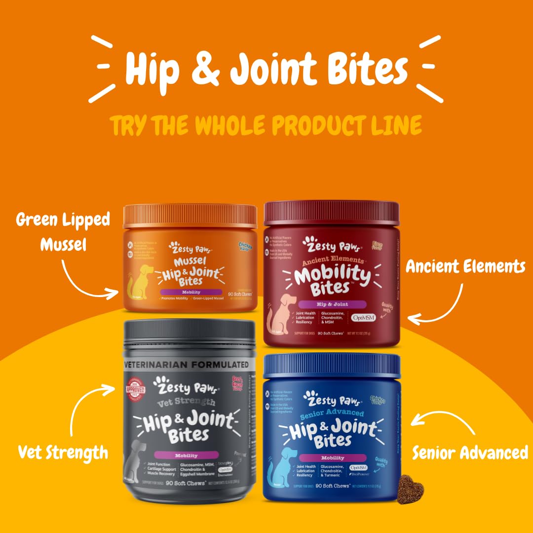 Zesty Paws Hip and Joint Supplement for Dogs - Glucosamine for Dog Joint Supplement - with Chondroitin, MSM, Vitamins C and E for Dog Joint Relief - Mobility Bites Duck β 90 Count