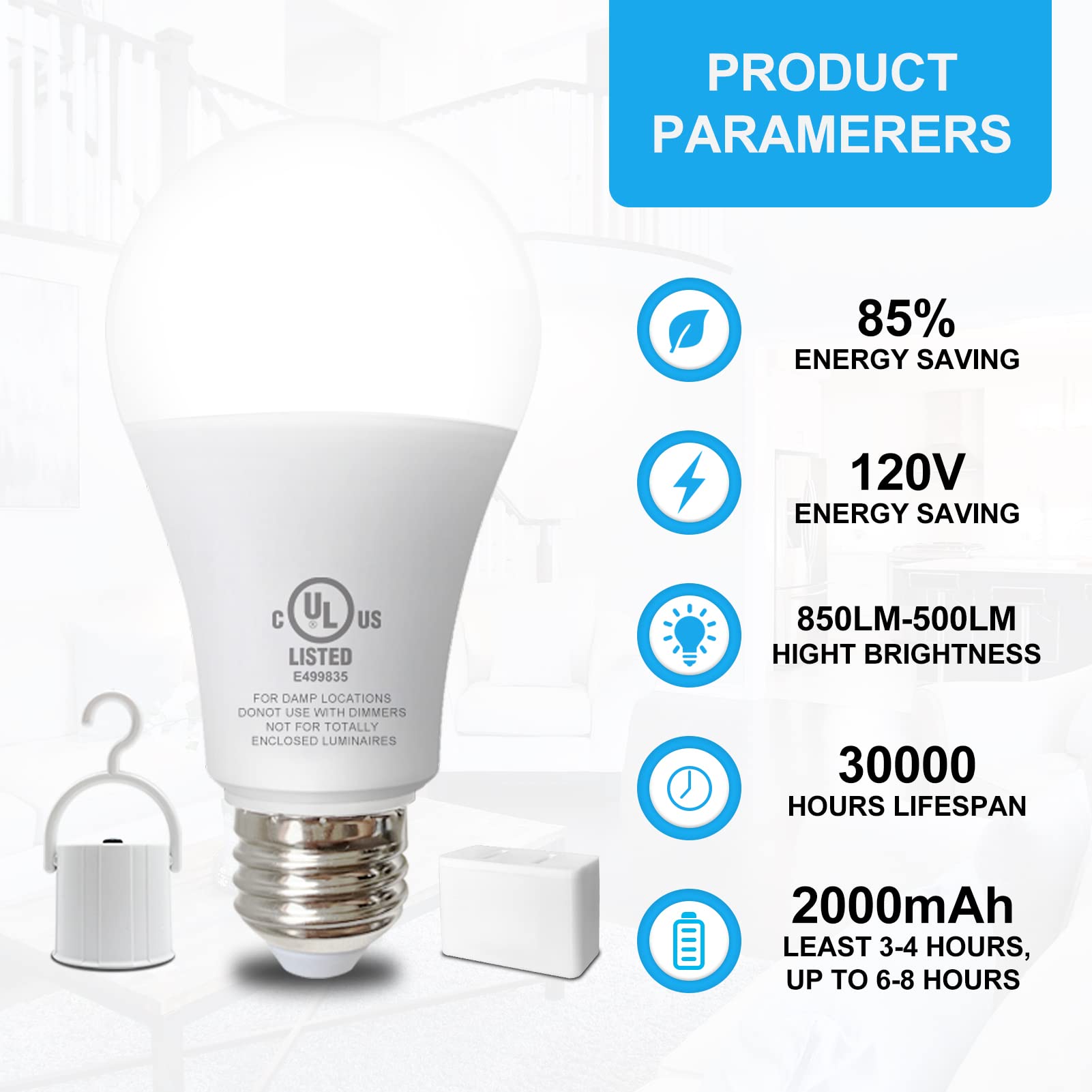 YKDtronics Rechargeable Emergency Light Bulbs, Multi-Function Battery Light bulb for Power Outage, Camping, 2000mAh Battery Backup 850 Lumens 9W 60W Equivalent 5000K Daylight E26/E27 120V 4Pack