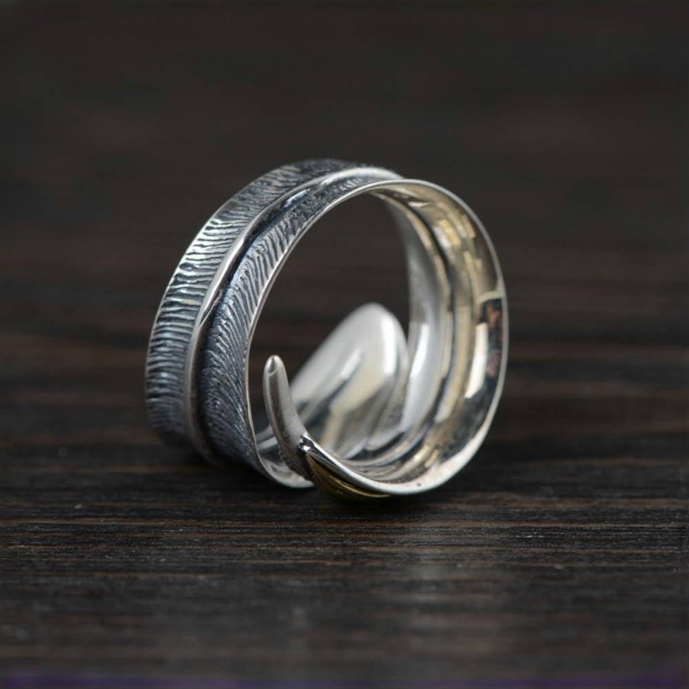 Two Tone 925 Sterling Silver Feather Ring with Golden Butterfly Leaf for Women Men Open Adjustable