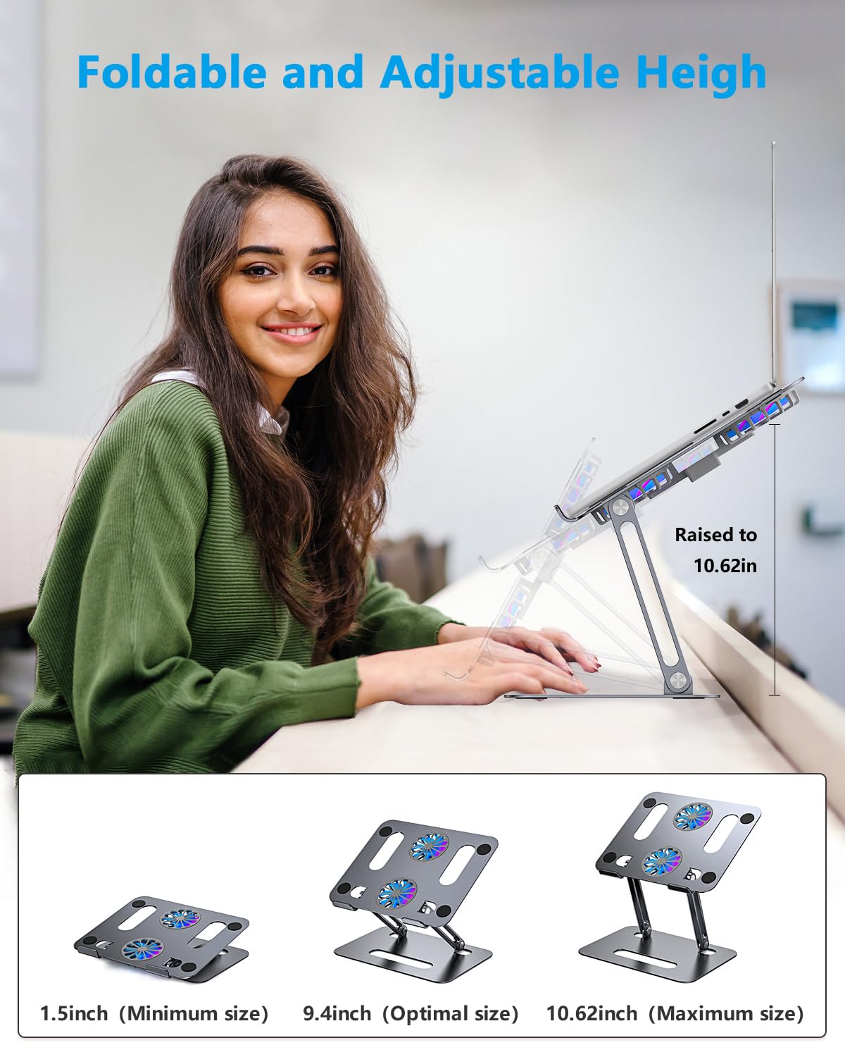 YICOSUN Laptop Stand with Fan Cooling | Foldable Holder for 12" 14" 15" 16" Tablet MacBook & Pro, Mac, Surface | Powerful Laptop Cooler Stand for Working, Gaming, Dj | Grey Aluminum Breathable Tray