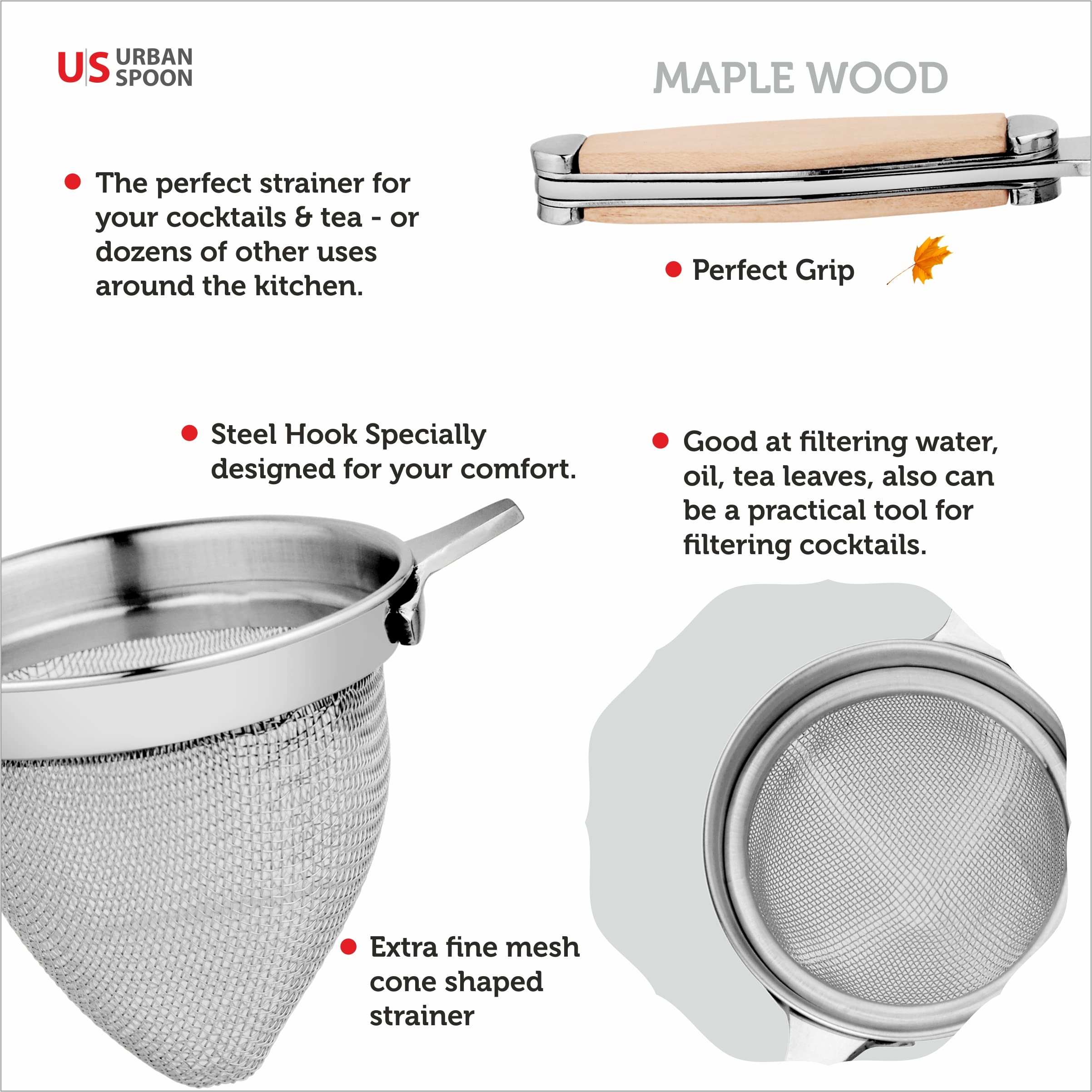 URBAN SPOON Professional Bartender Fine Mesh Sieve Strainer, Rust Proof Stainless Steel Cocktail Strainer for Home Bar, Multi-Purpose Strainer with Handle for Herbs, Coffee, Juice & Beverages