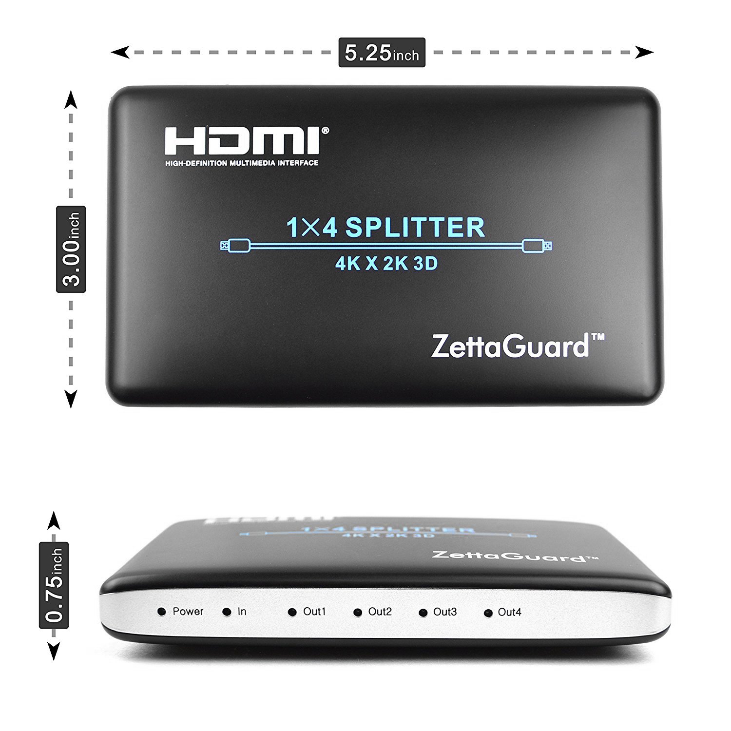 Zettaguard 1 x 4 HDMI Splitter 1 Input 4 Output Digital 1X4 Splitters with Full HD 4K x 2K, 3840 × 2160, 3D Support (ZW140)
