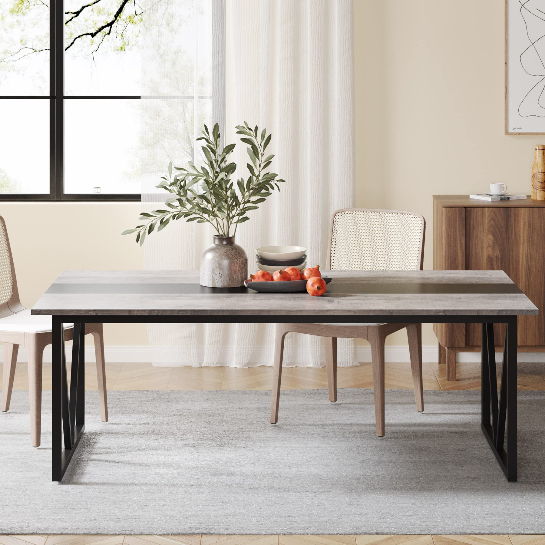 Tribesigns Dining Table for 6-8 People, 70.8 inch Industrial Large Kitchen Table with Heavy Duty Metal Frame, Rectangle Wood Dining Room Table for Kitchen, Living Room, Grey & Black