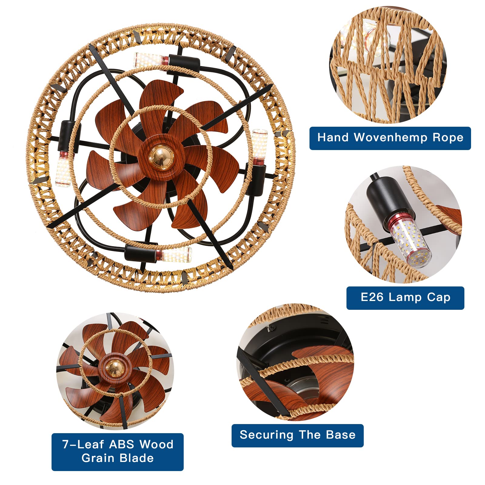suopnpop Ceiling Fans with Lights and Remote,20 inches rattan Low Profile Farmhouse Flush Mount Ceiling Fan with Light,6 Speed Reversible Boho Caged Ceiling Fan with Light (Bulb Included)