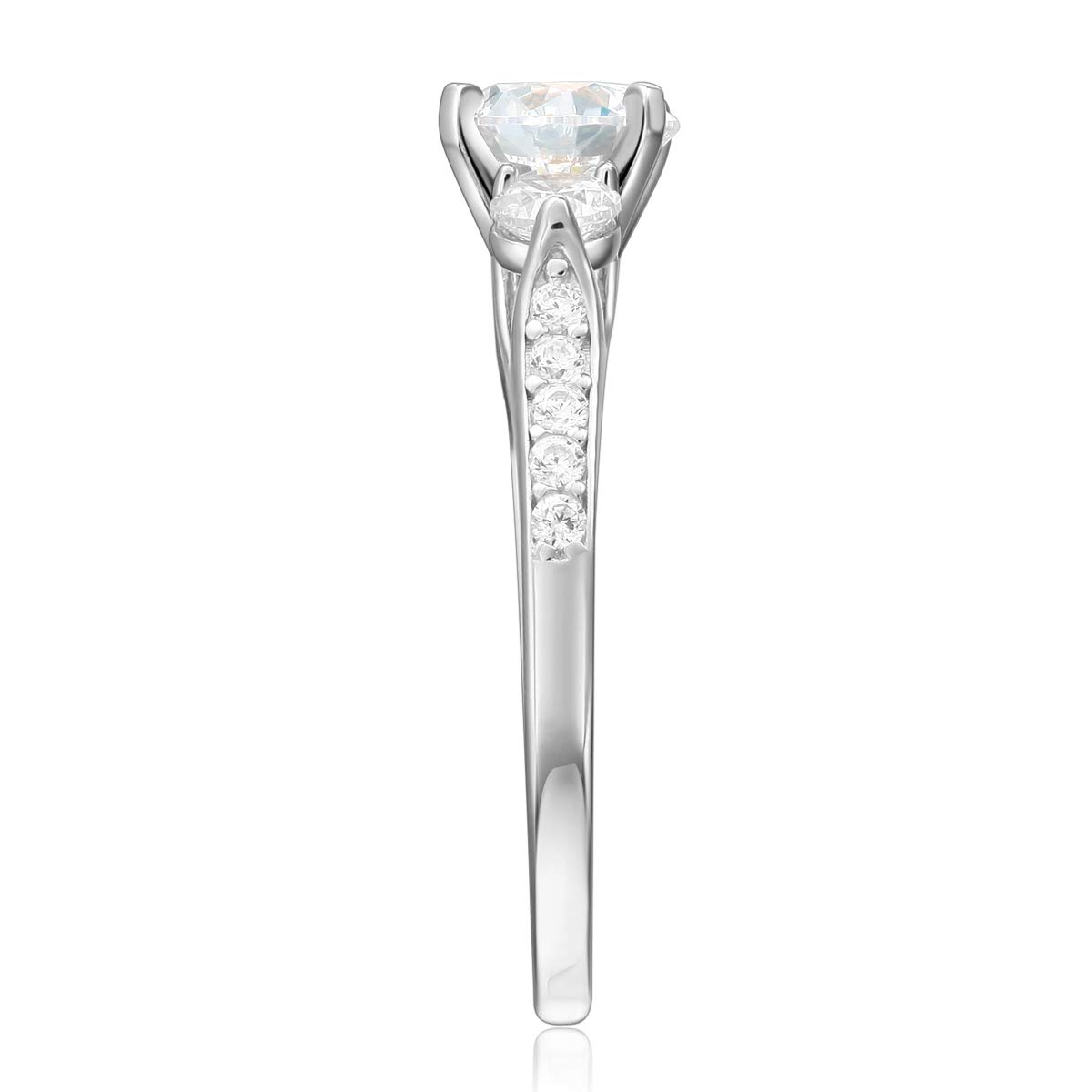 Wellingsale Ladies Solid 14k White Gold Polished CZ Cubic Zirconia Round Cut Three 3 Stone Engagement Ring with Side Stones - Size 7.5