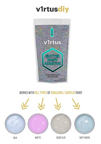 V1RTUS Silver Holographic Glitter Paint Crystal Additive 100g / 3.5oz for Acrylic, Latex, Emulsion - use Interior/Exterior - Wall, Ceiling, Wood, Metal, Varnish, Dead Flat, Matte, Soft Sheen or Silk