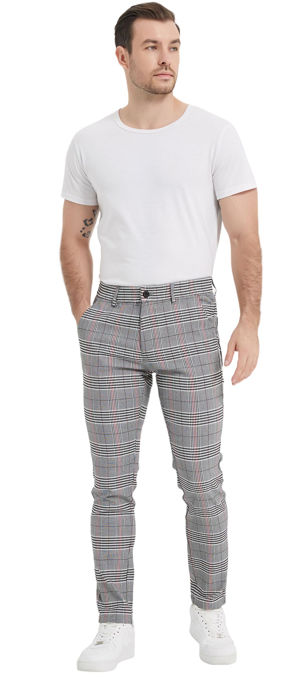 Plaid&Plain Men's Plaid Pants Skinny Dress Pants for Men Skinny Chino Pants Men 7301 Plaid-11-28X30