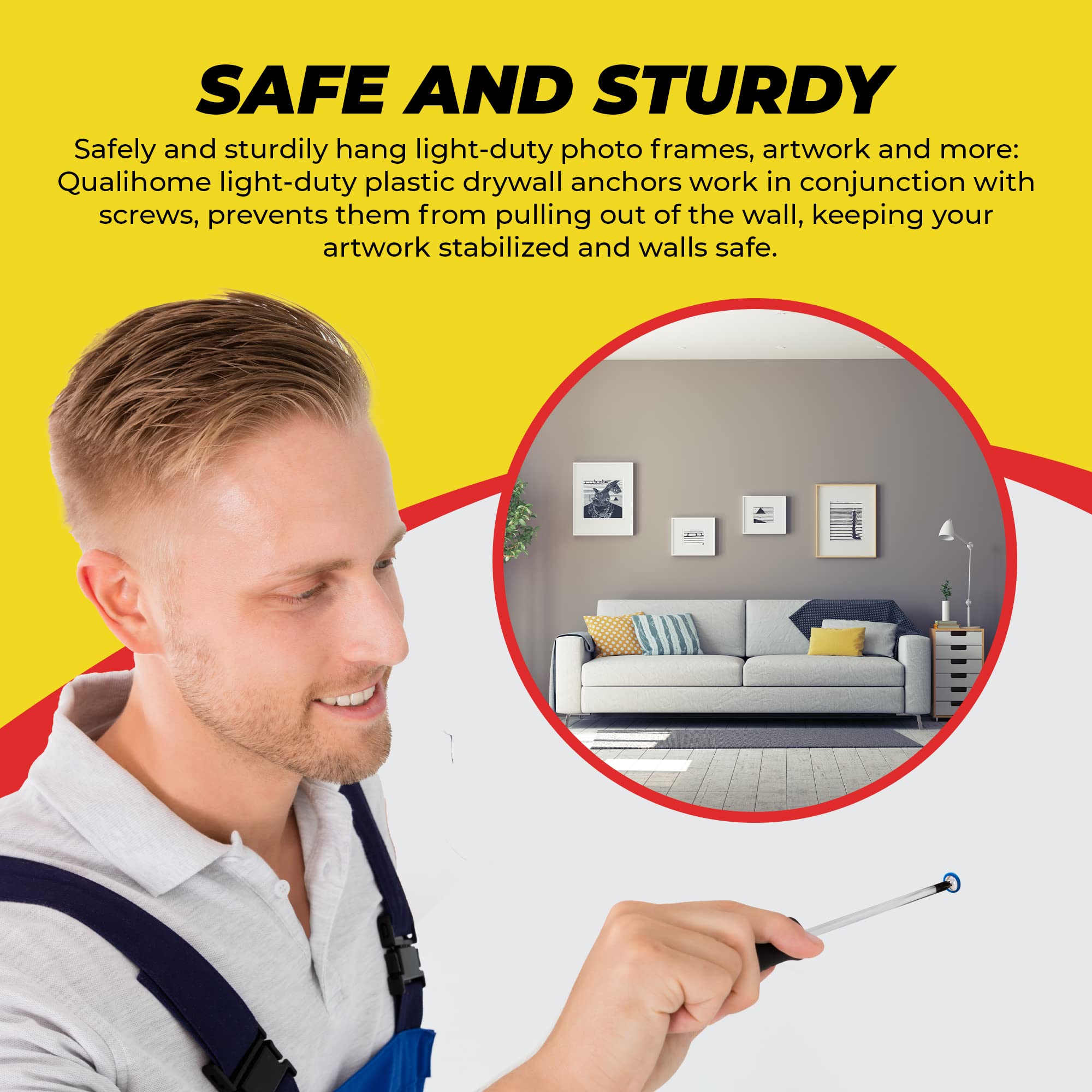 Qualihome Drywall Anchors Premium Quality Ribbed Lightweight Plastic Anchors for Hollow Walls β Wall Hanging Anchor Kit for Pictures, Artwork & Light Duty Anchoring Application (#10-12 x 1")