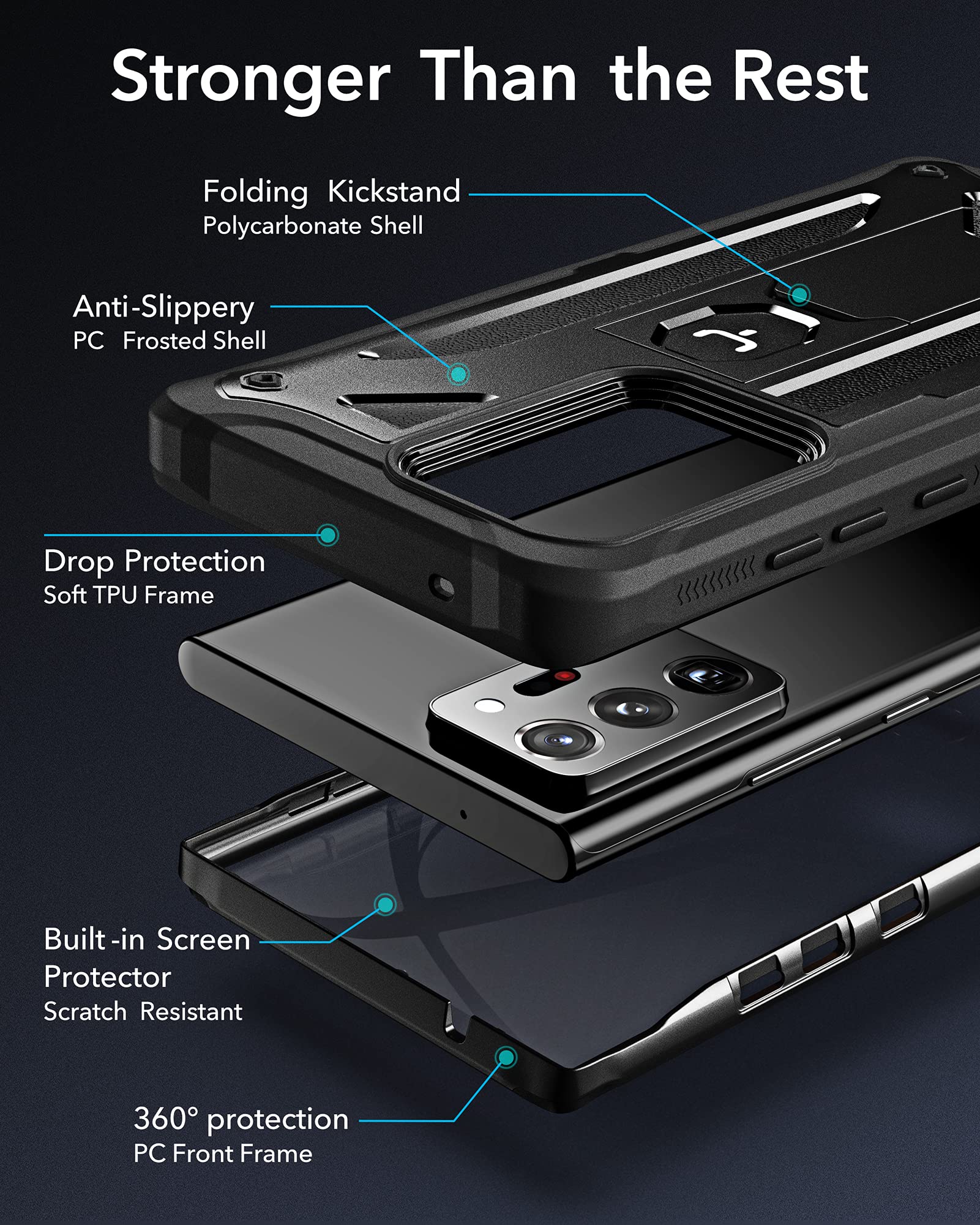 YOUMAKER Samsung Galaxy Note 20 Ultra Case with Built-in Screen Protector & Kickstand Shockproof Full Body Rugged Protective Cover for Galaxy Note 20 Ultra 5G 6.9 inch - Black