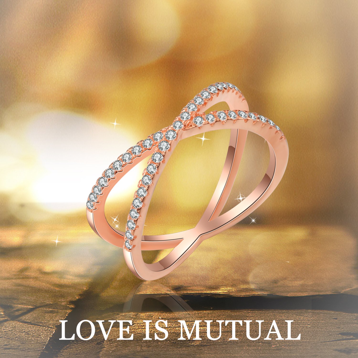 X Ring Sterling Silver, Cubic Zirconia X Criss Cross Ring for Women, (rose-gold-plated-silver, 6)