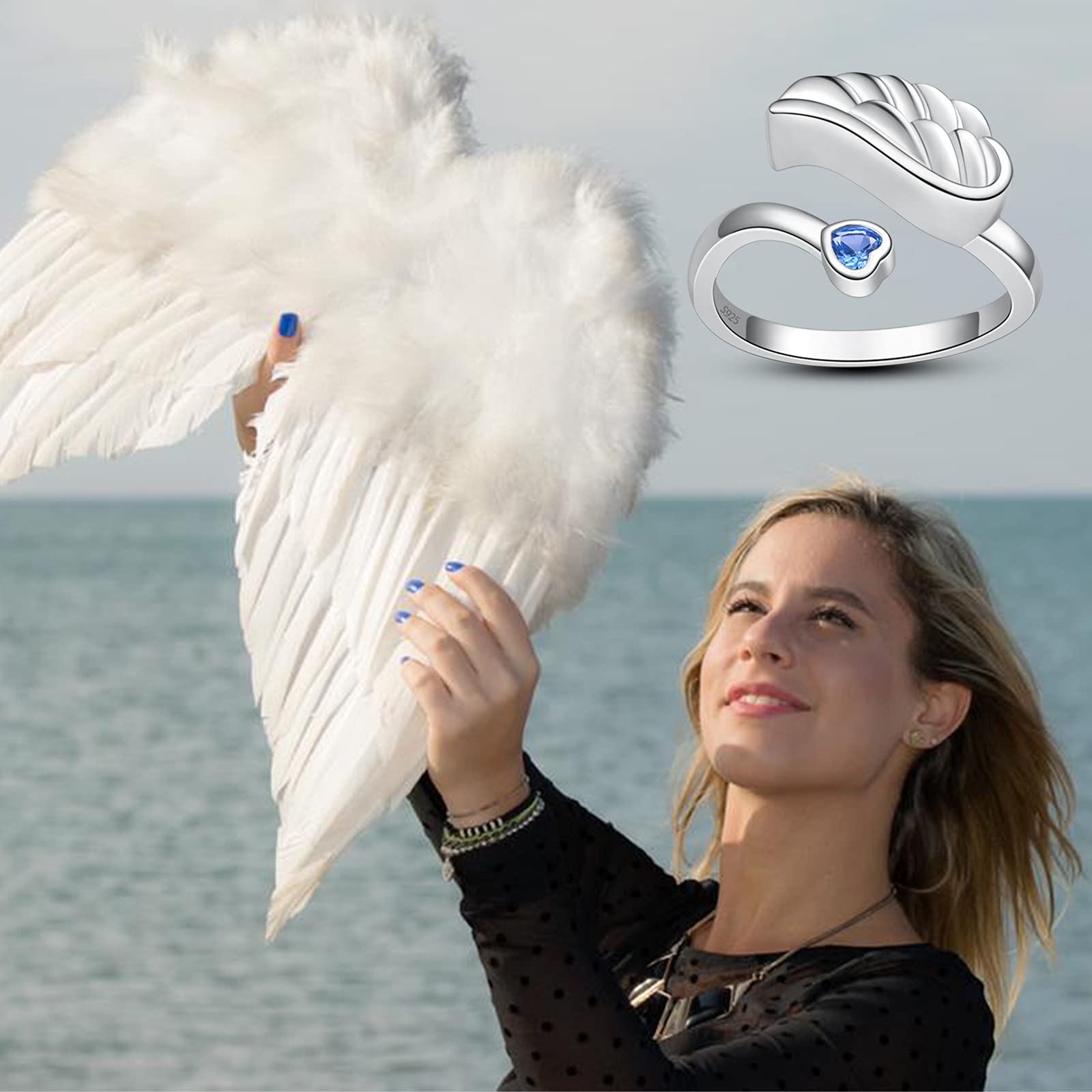 YLT Cremation Jewelry for Ashes 925 Sterling Silver Angel Wing Heart Adjustable Urn Ring for Ashes Cremation Memorial Urn Open Ring for Women