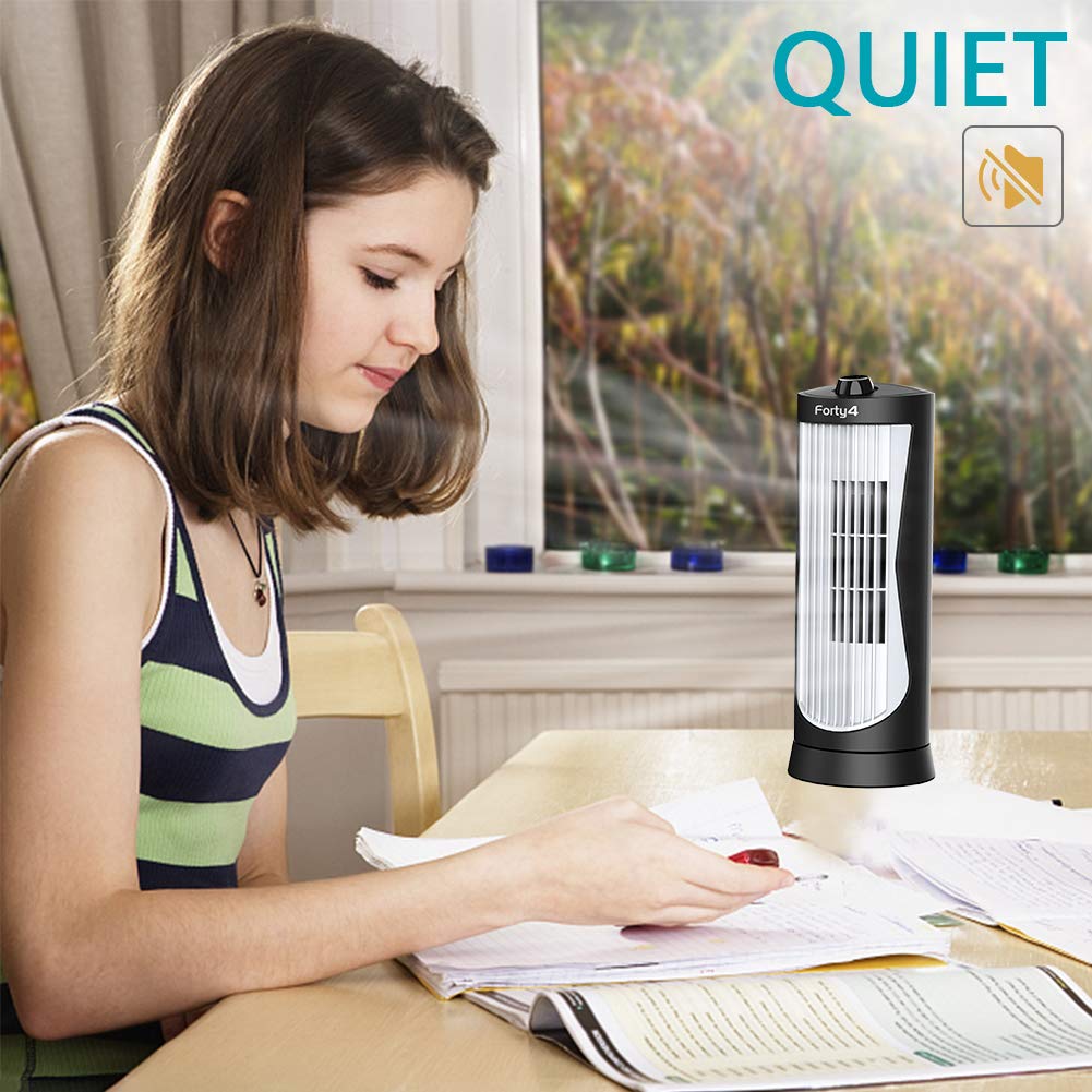 Small Tower Fan, 13 inch Electric Oscillating Desk Fan, 2 Settings, Equipped with Turbine Technology, Compact, Personal Rotating Standing Fan for Office Tabletop Home Nightstand