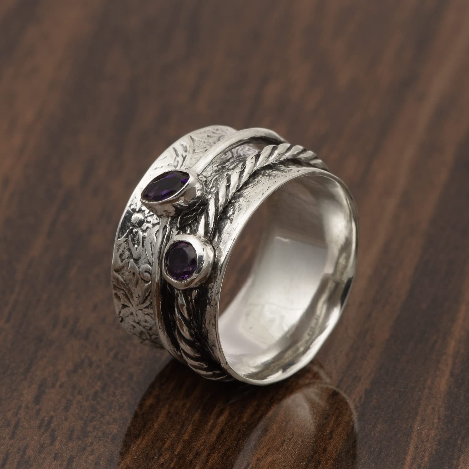 Shine Jewel Spinner Ring with Gemstones 925 Sterling Silver Fidget Band Meditation Ring for Men Women Anxiety Stress Relieving (Purple Amethyst, 8)