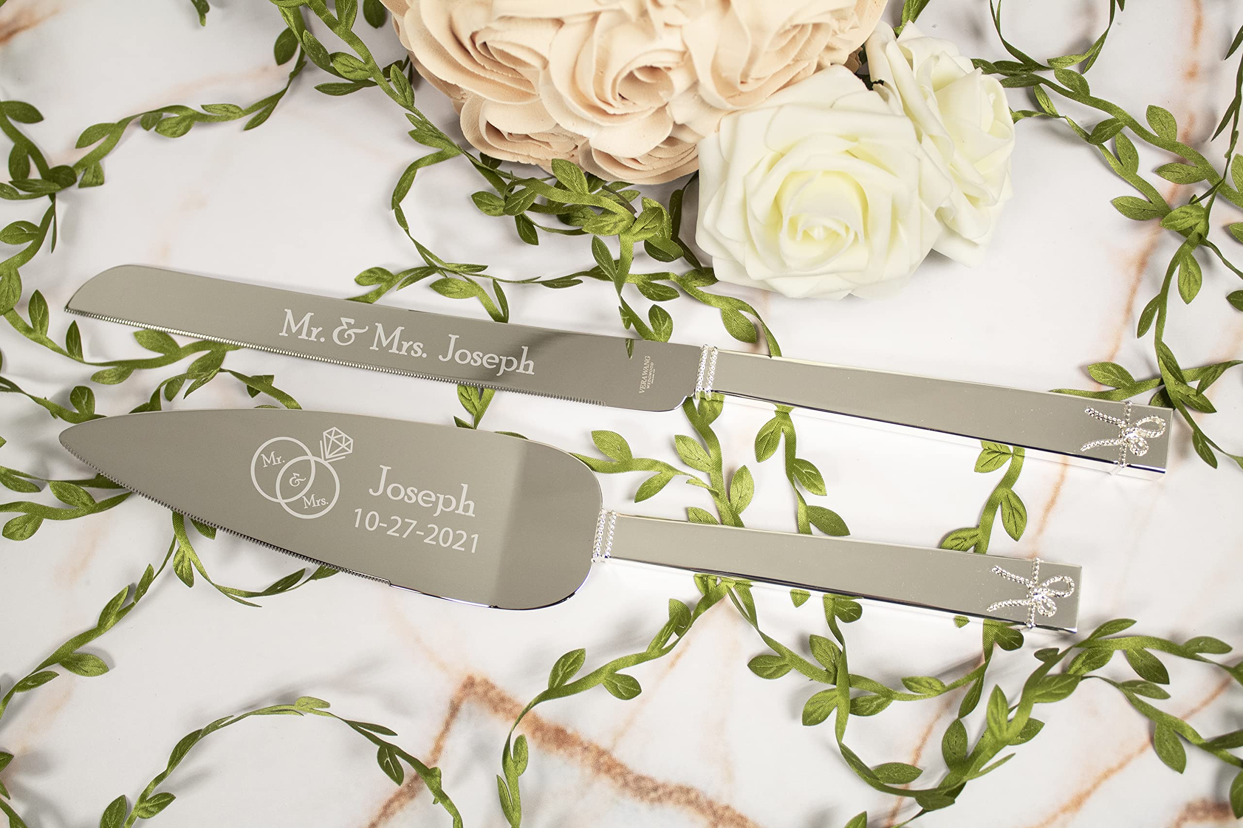 Vera Wang Bridal Love Knots Silver Personalized Wedding Cake Knife and Server Set, Custom Engraved Wedding Cake Cutting Set, Accessories and Gifts for the Bride and Groom