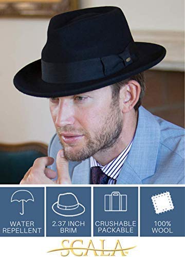 Scala Classico Men's Crushable Water Repelant Wool Felt Fedora Hat, Black, X-Large