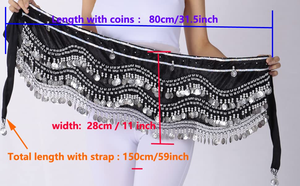 ZLTdream Women's Belly Dance Wave Shape Hip Scarf With Silver Coins Belly dancing Skirt For Zumba Black