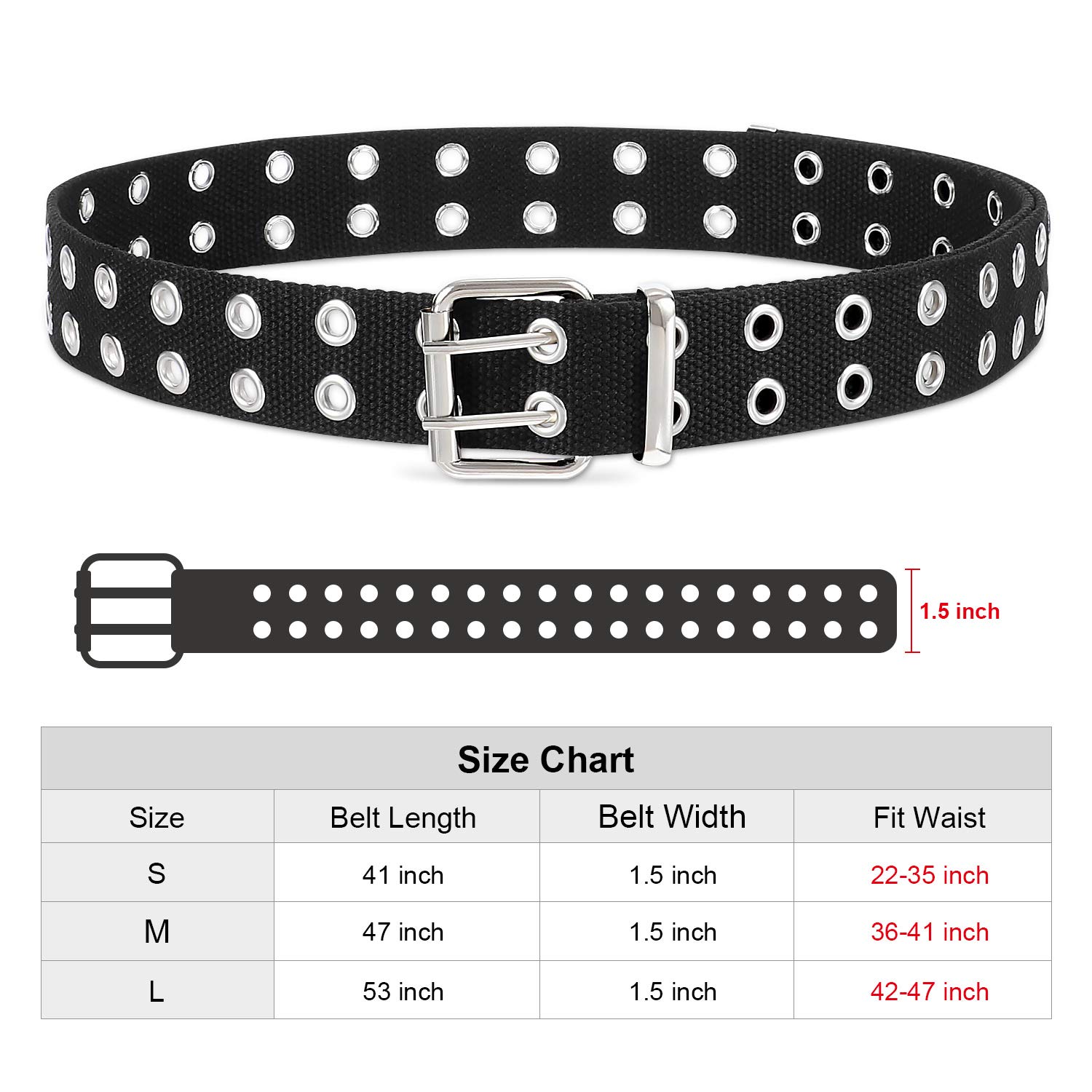 XZQTIVE Double Grommet Belt for Women Men Punk Rock Nylon Belt Jeans 2 Hole Belts(01-Black, Fit Pants 36-41inch)