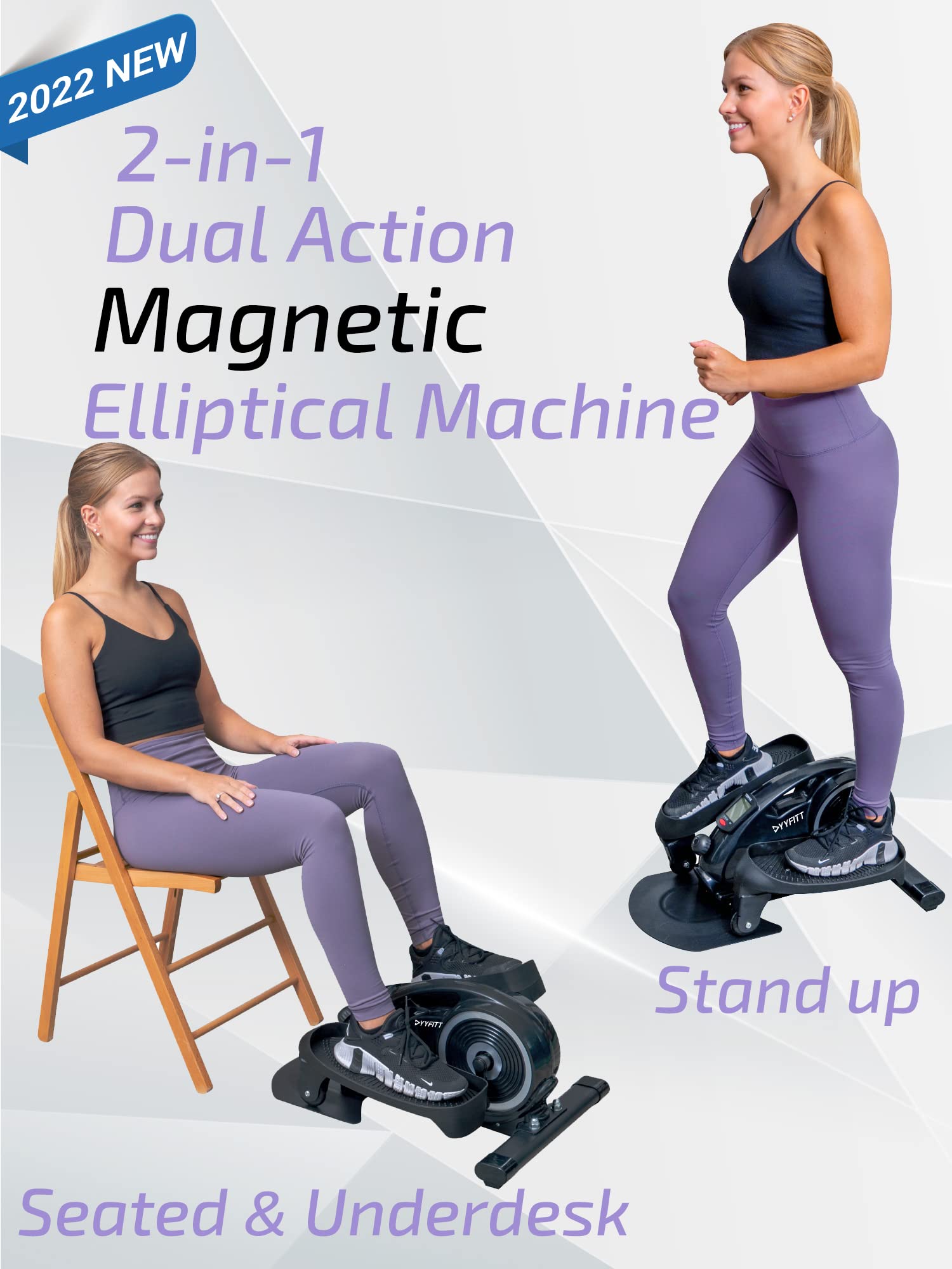YYFITT Under Desk Elliptical Machine for Home Office, 2-in-1 Seated Standing Mini Elliptical with Silent Magnetic Resistance, Portable Eliptical with Big Display and Oversized Pedals