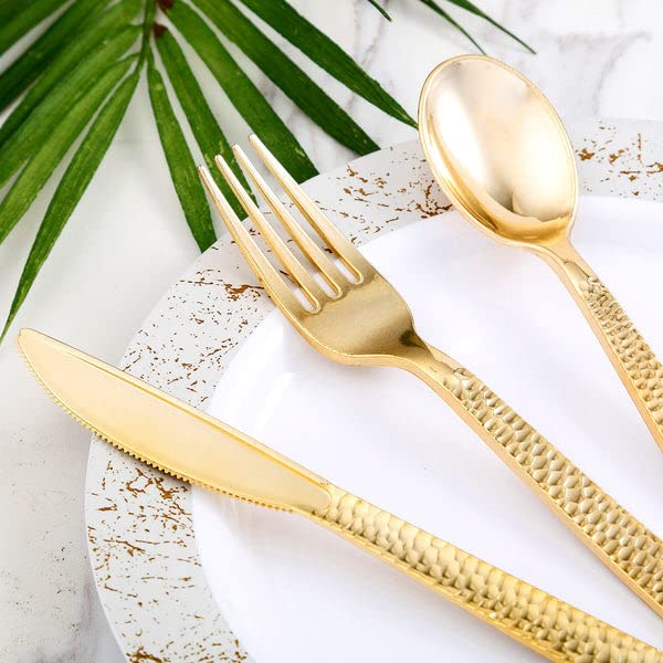 TABLECLOTHSFACTORY 24 Pack Disposable Plastic Knives | 7"| Gold | BPA Free | Hammered Design