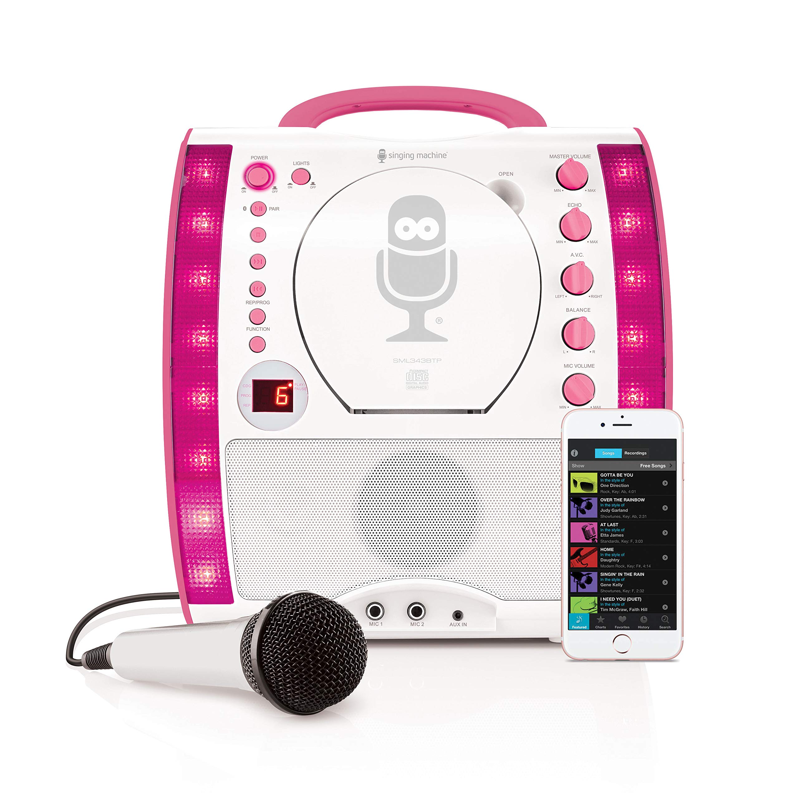 Singing Machine SML343BTP Portable CDG + Bluetooth Karaoke System with LED Disco Lights and Microphone