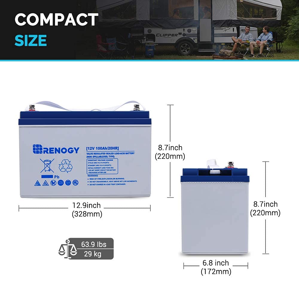 Renogy 12V 100AH Deep Cycle Hybrid Gel Battery, Over 750 Cycles, Rechargeable for Solar Wind RV Marine Camping UPS Wheelchair Trolling Motor, Maintenance Free
