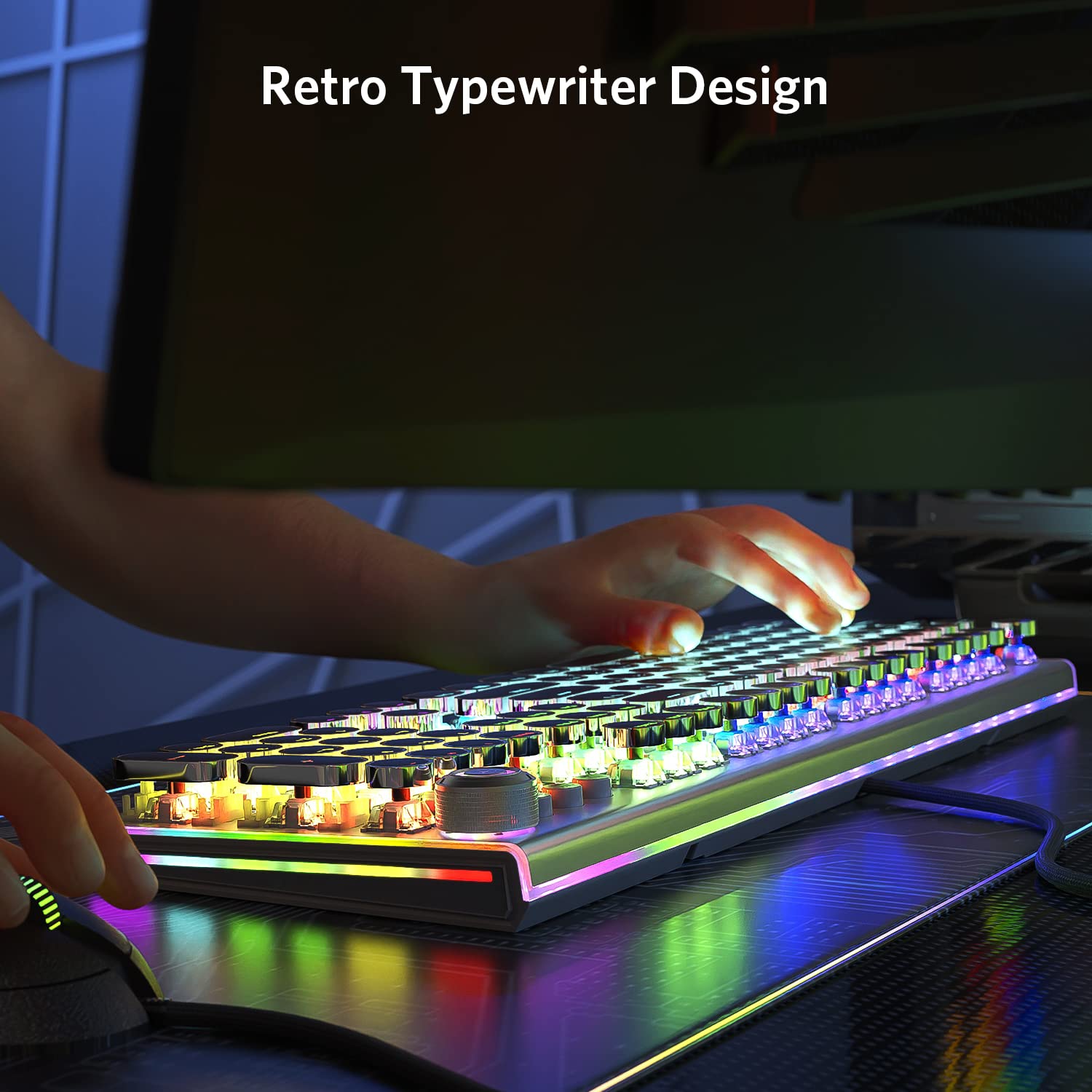 TEWELL Retro Typewriter Mechanical Gaming Keyboard with Tactile and Clicky Blue Switches, Rainbow Backlit with RGB Side Lights - Ultimate Gaming Performance