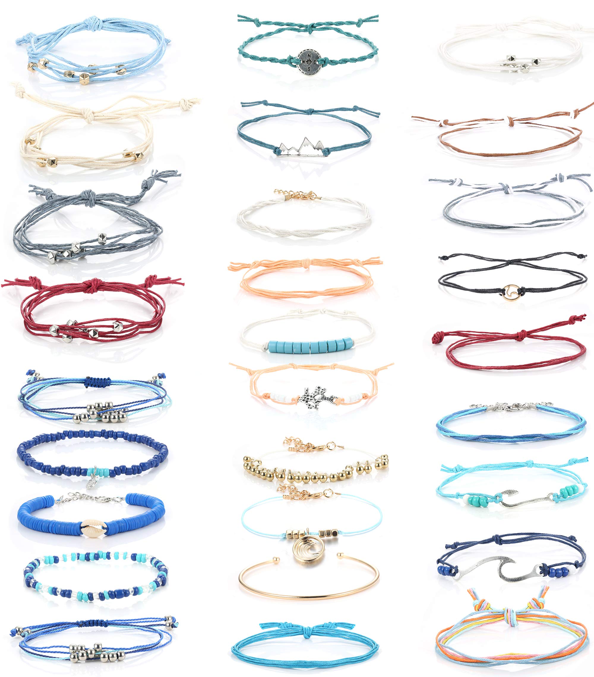 Subiceto 7 Set Wave Strand Vsco Bracelets for Women Waterproof Handcrafted Handmade Braided Rope Wax Coated Boho Woven Bracelet Set