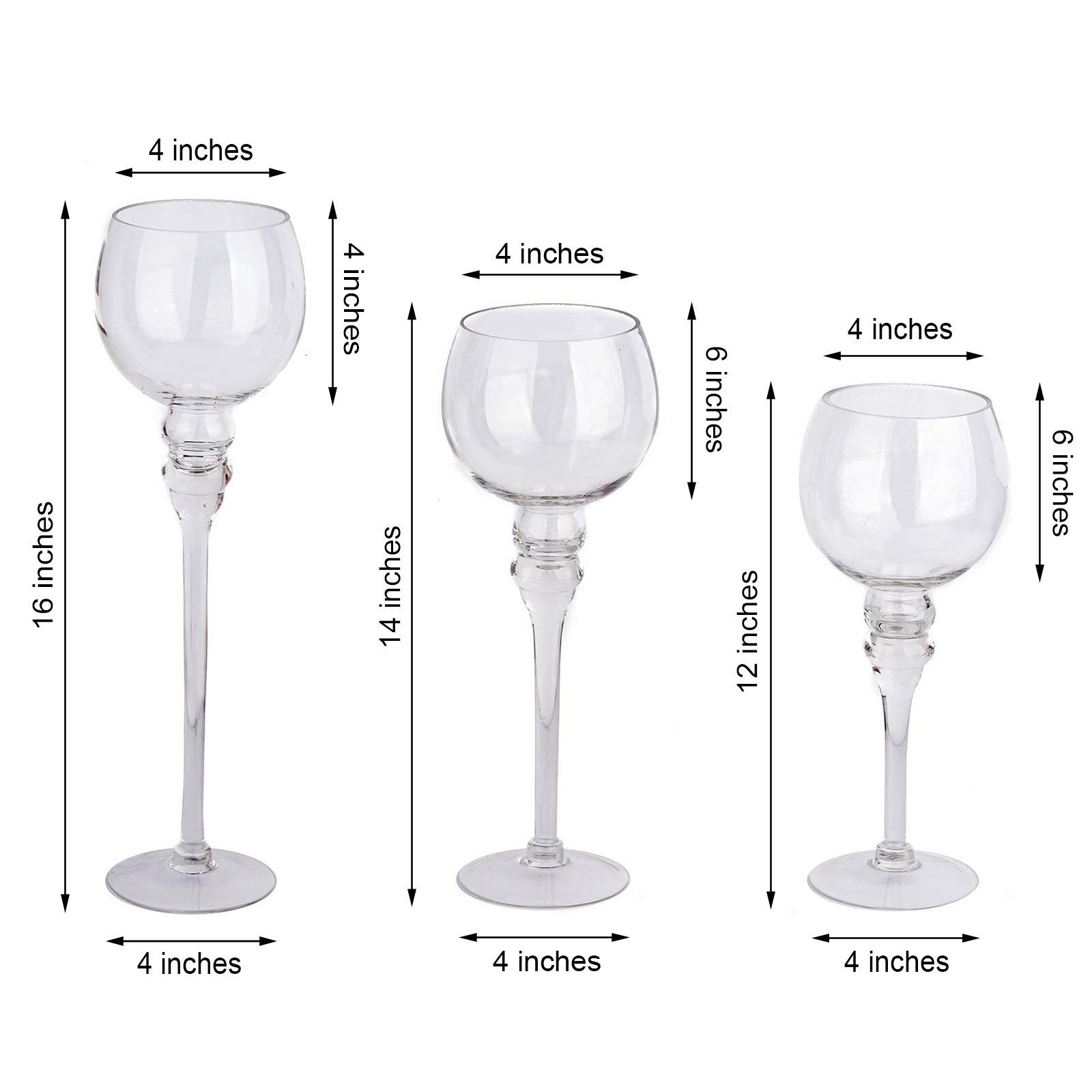 TABLECLOTHSFACTORY Set of 3 | Clear Long Stem Globe Glass Vase Tabletop Candle Holders Wedding Party Centerpiece Decoration