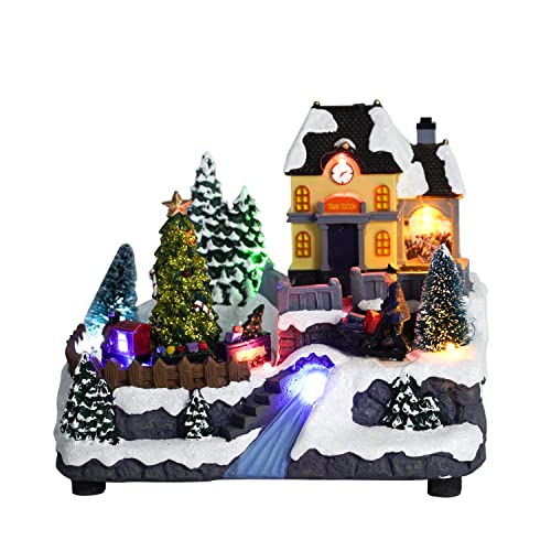 Skyant Christmas Village Houses with LED Lights, Train Spinning Under The Christmas Tree, Fiber Optic River, Realistic Christmas Scene,Music Rendering Atmosphere