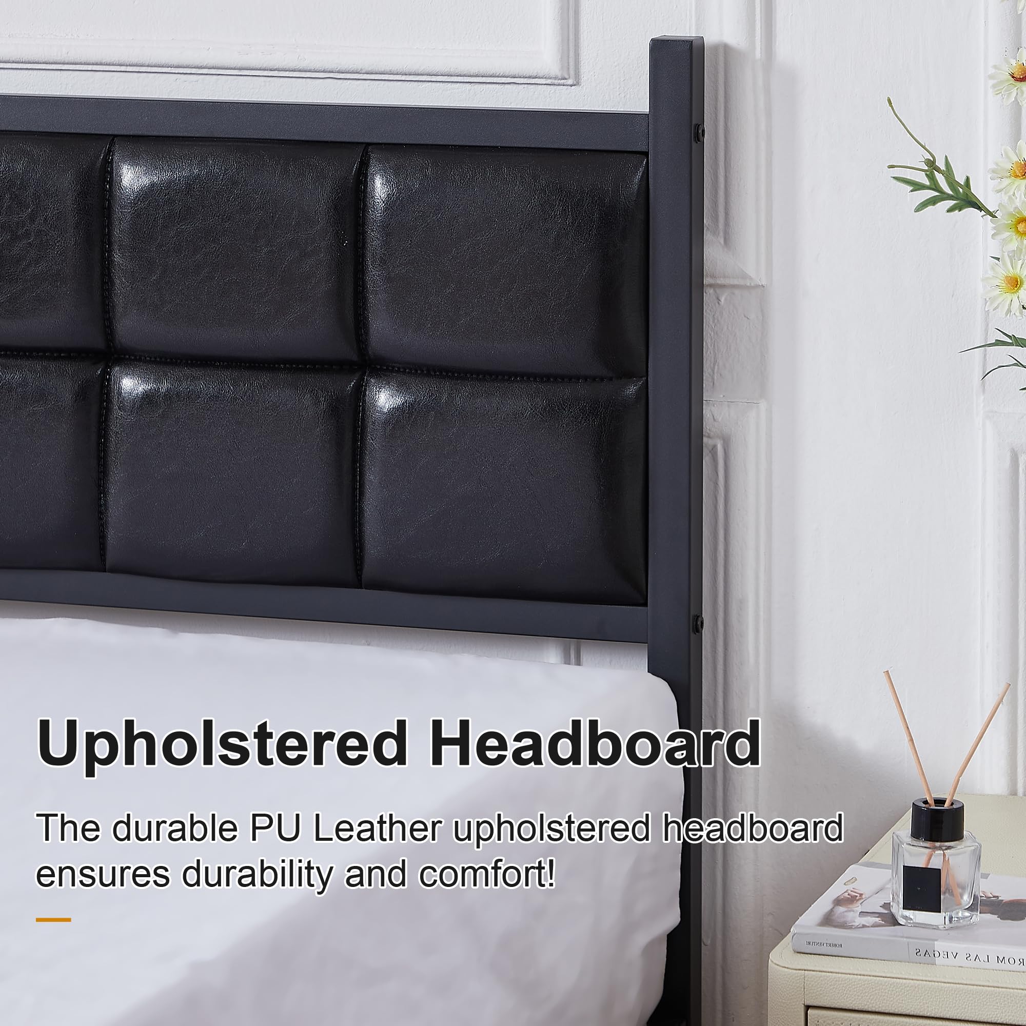 VECELO Queen Size Metal Bed Frame with Faux Leather Headboard, Heavy-Duty Platform Beds, 12 inch Under-bed Storage, Steel Slats Support, No Boxing Spring Needed, PU Black