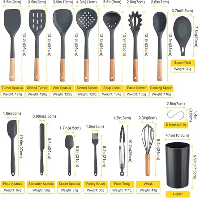 Utensil sets-Kitchen 33 Pcs Non-Stick Silicone Cooking Utensils Set with Holder, Sturdy Wooden Handle, Heat Resistance Silicone Spatula Spoon Kitchen Gadge