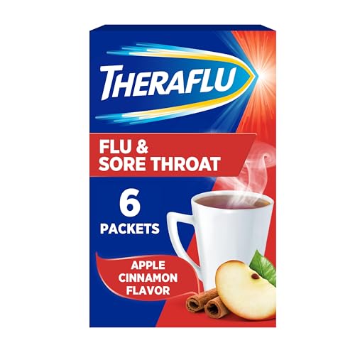 Theraflu Flu and Sore Throat Hot Liquid Powder, Apple Cinnamon Flavor, for relief from Nasal Congestion, runny nose and Headache - 6 Count Box