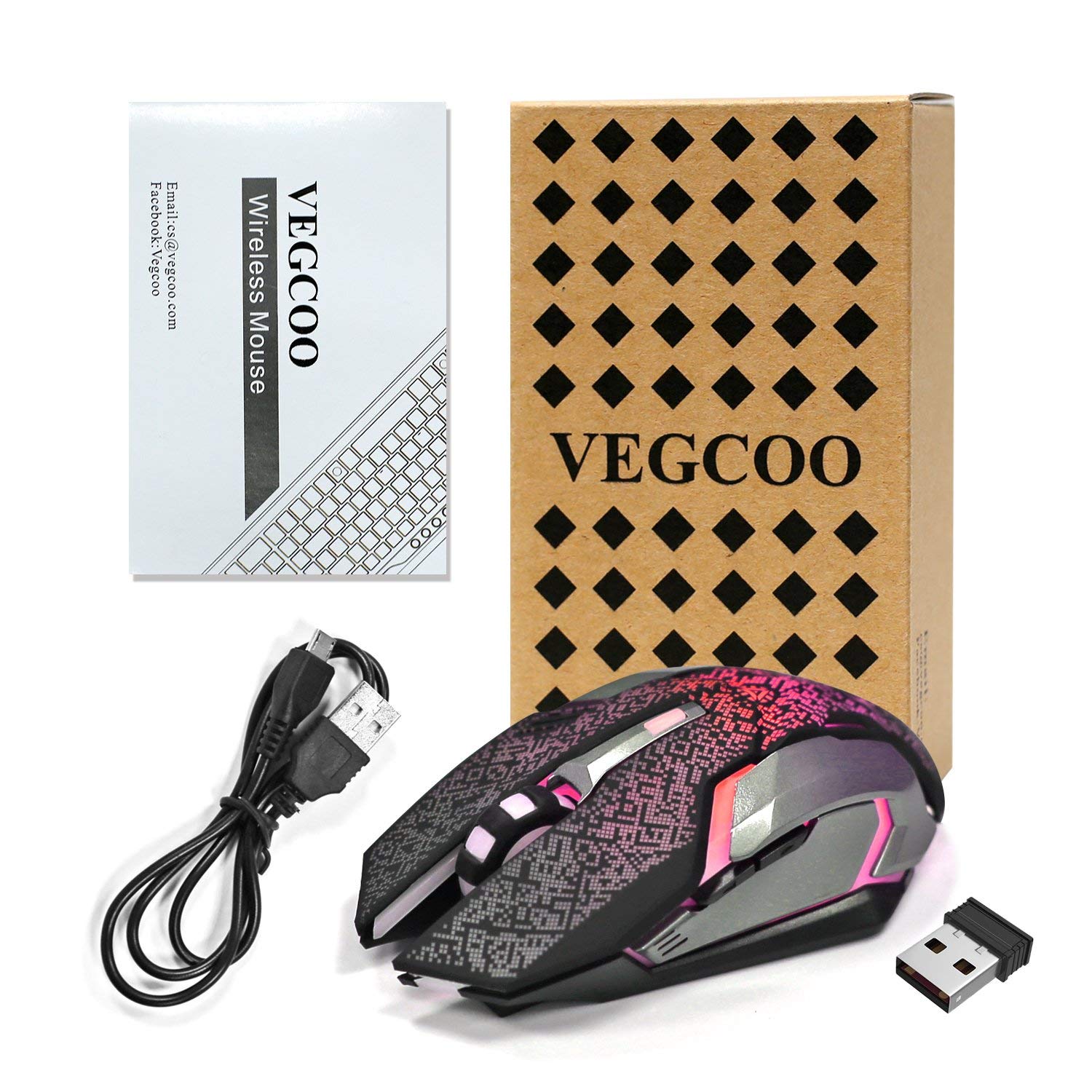 VEGCOO Wireless Gaming Mouse, C8 Wireless Rechargeable Mouse with Colorful LED Lights and 2400/1600/1000 DPI for Laptop and Computer (C9 Silver)