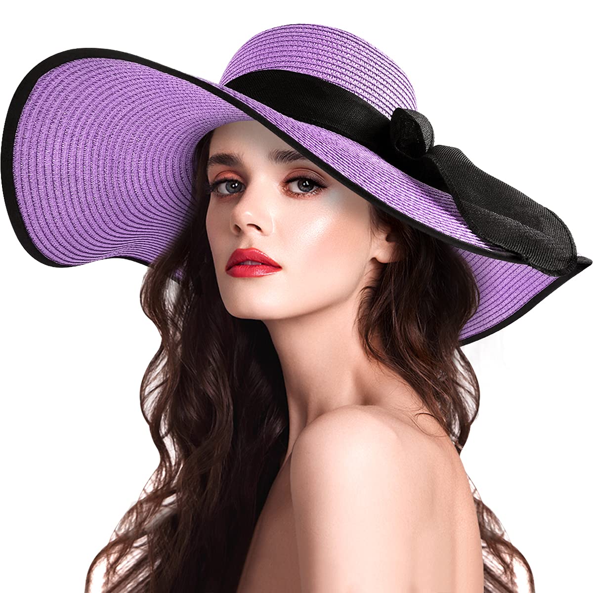 Womens Sun Straw Hat Wide Brim UPF 50 Summer Hat Foldable Sun Hats Foldable Roll up Floppy Beach Hats for Women (Purple)