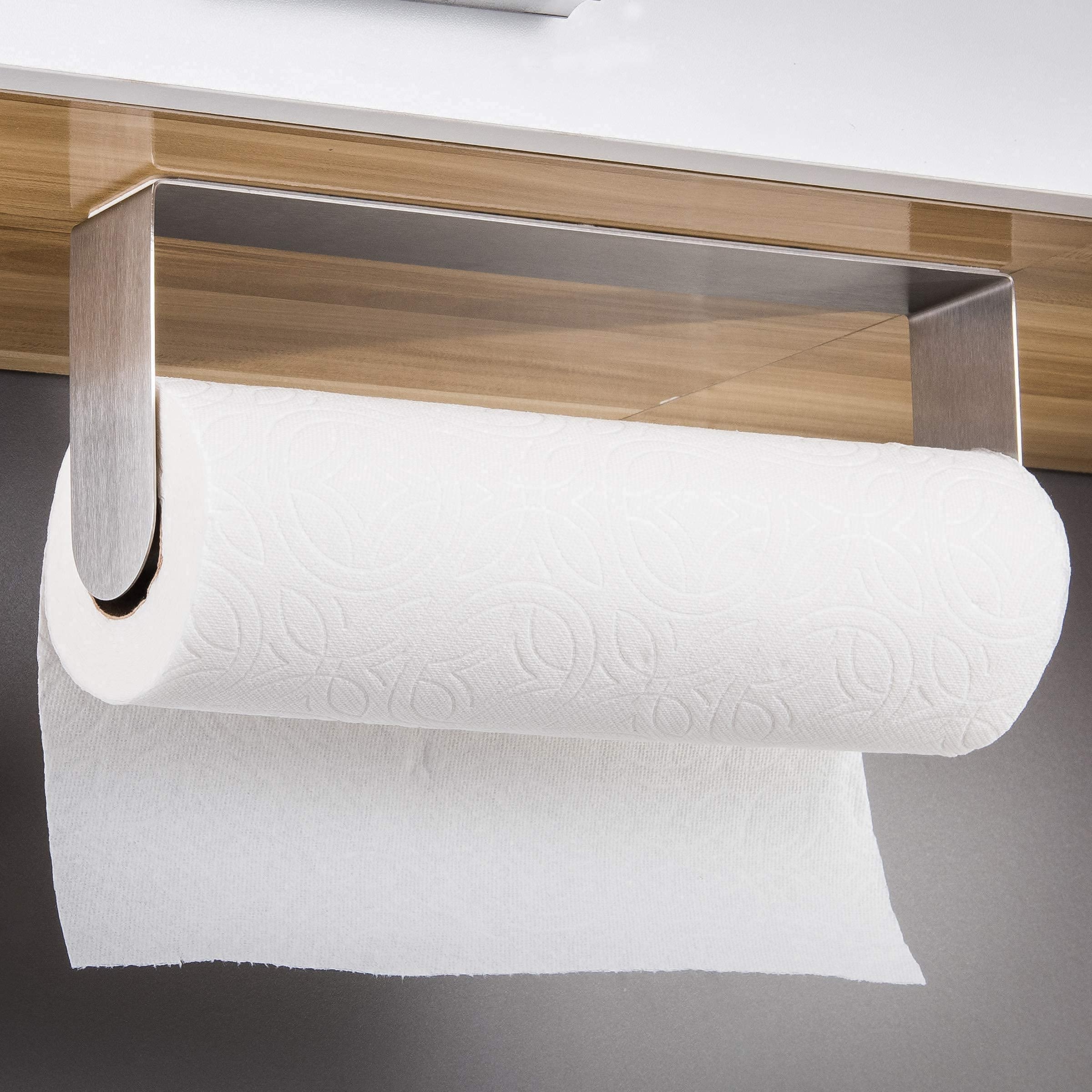 YIGII Towel Hooks + Paper Towel Holder Under Cabinet - Self Adhesive for Kitchen,SUS-304 Stainless Steel Brushed