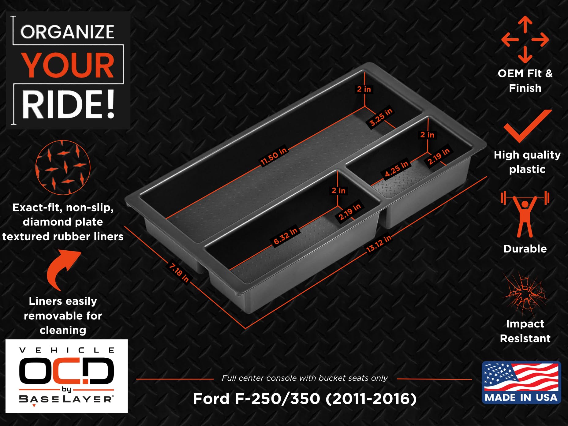 Vehicle OCD - Center Console Organizer Tray for Ford F250 / F350 SuperDuty (2011-2016) - Made in USA