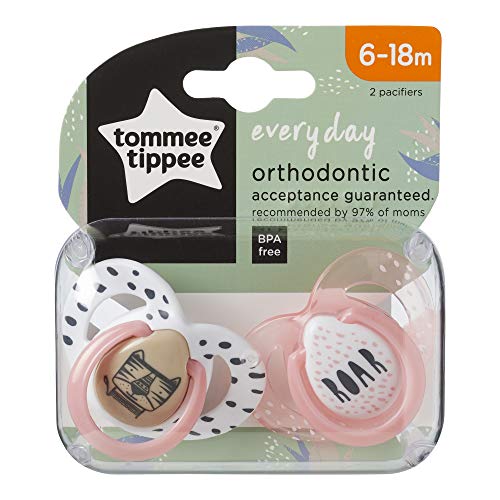 Tommee Tippee Every Day Pacifiers, Symmetrical Design, BPA-Free Silicone Binkies, 6-18m, 2-Count, Colors and Designs Vary