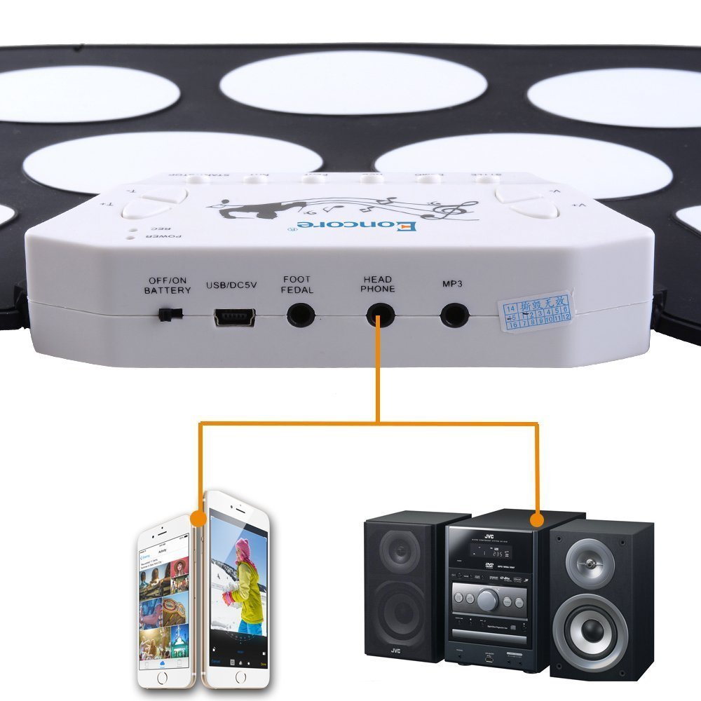 Vazussk Portable USB Electronic Roll up Drum Pad Kit Silicon Foldable Drum Set with Stick Foot Switch Pedal