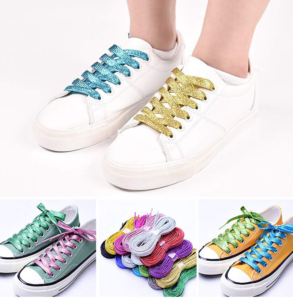 Santimon Metallic Glitter Flat shoelaces Colorful Fashion 2 pairs for Canvas Sneaker Athletic Shoes Light Gold 51"