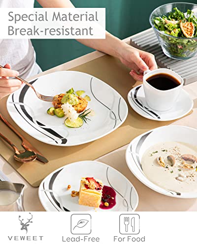 VEWEET Fionaglas 30-Piece Dinnerware Set Ivory White Opal Glassware, Break Resistant Dinner Sets with Dessert Plates/Soup Plates/Dinner Plates/Cups/Saucers Service for 6