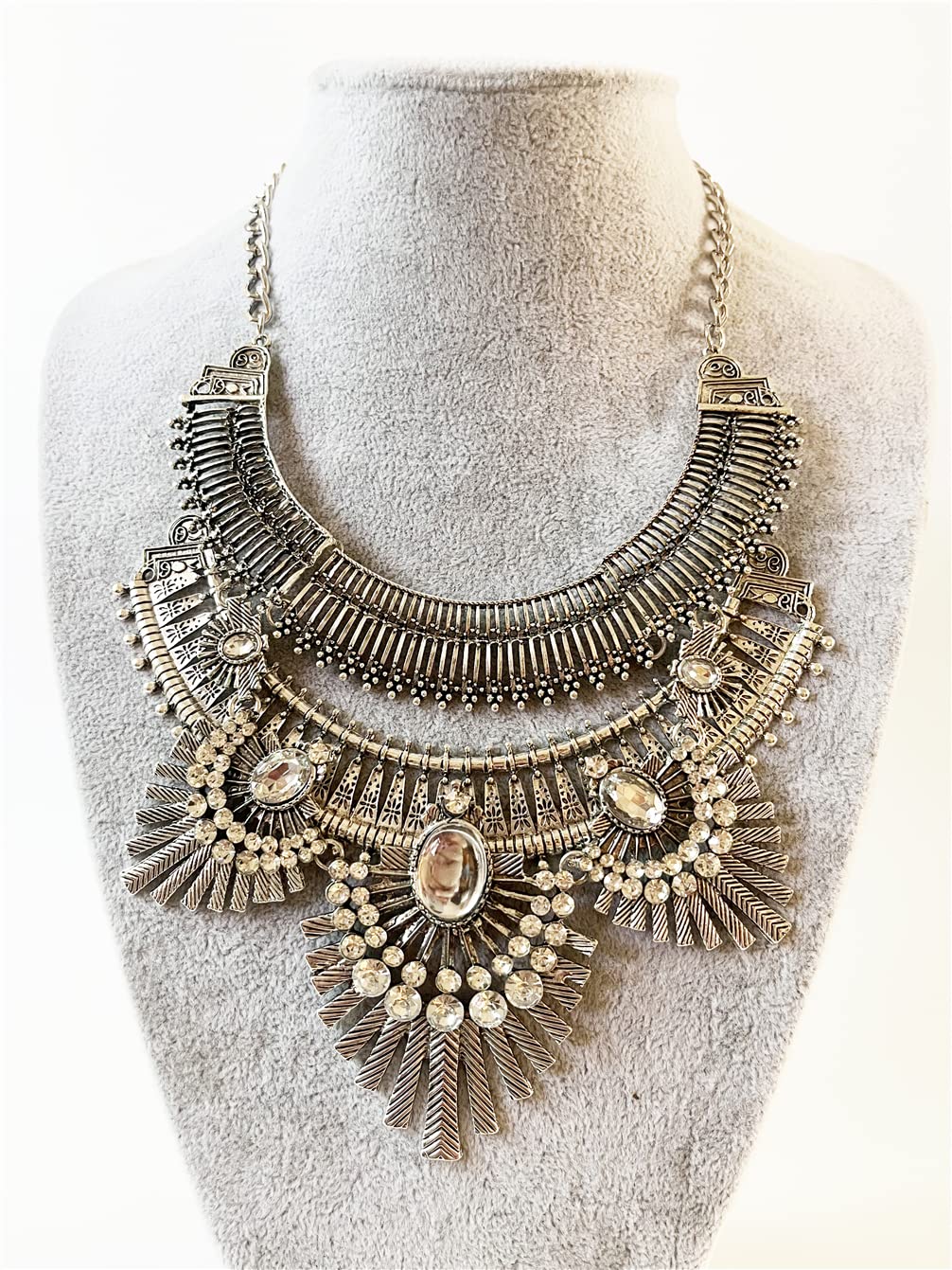 Thkmeet Vintage Gypsy Bohemian Ethnic Tribal Boho Statement Pendant Necklace,Owl style (Silver)