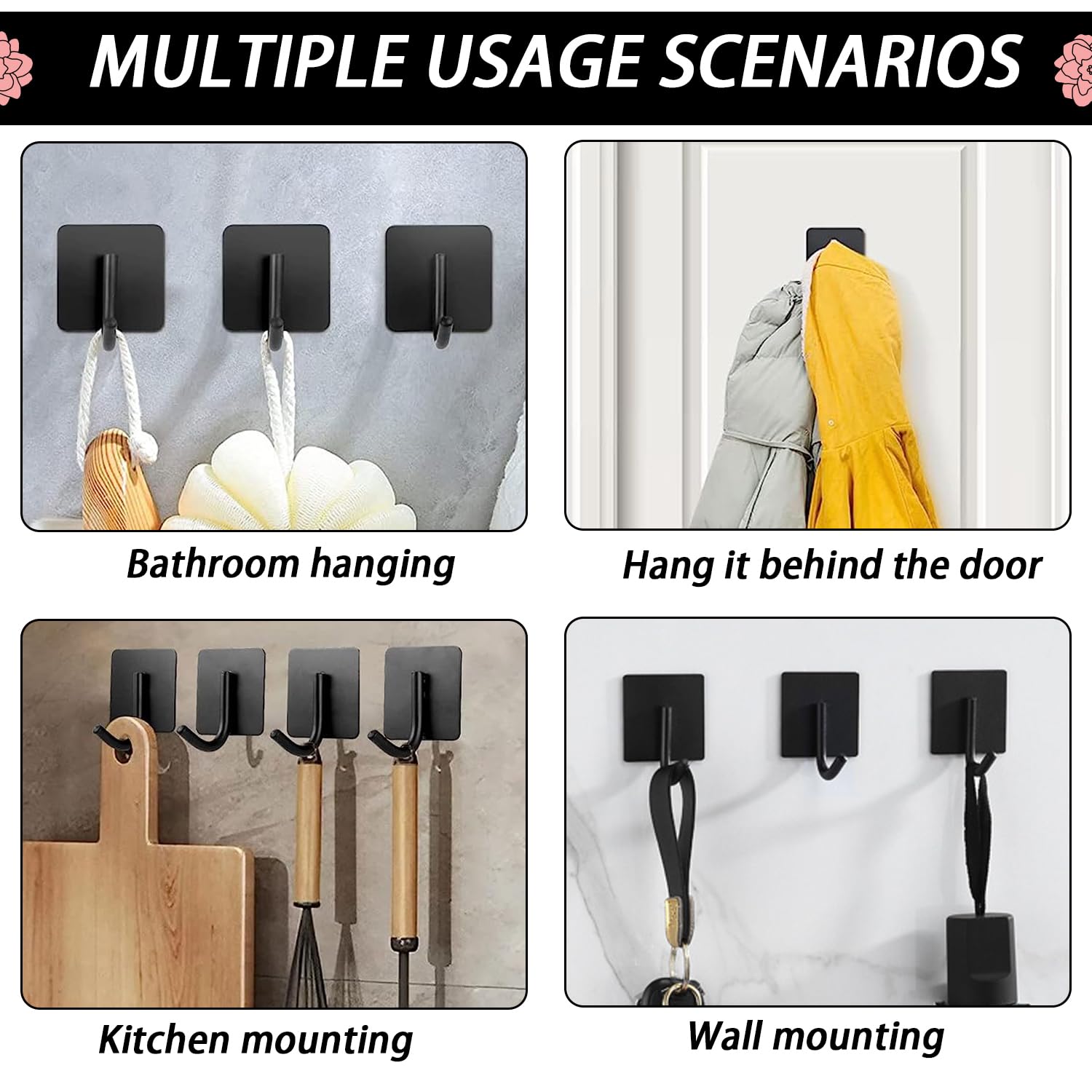 Tiankohelan 4 Pcs Stainless Steel Towel Hooks for Bathroom Kitchen Bedroom Door (Black)