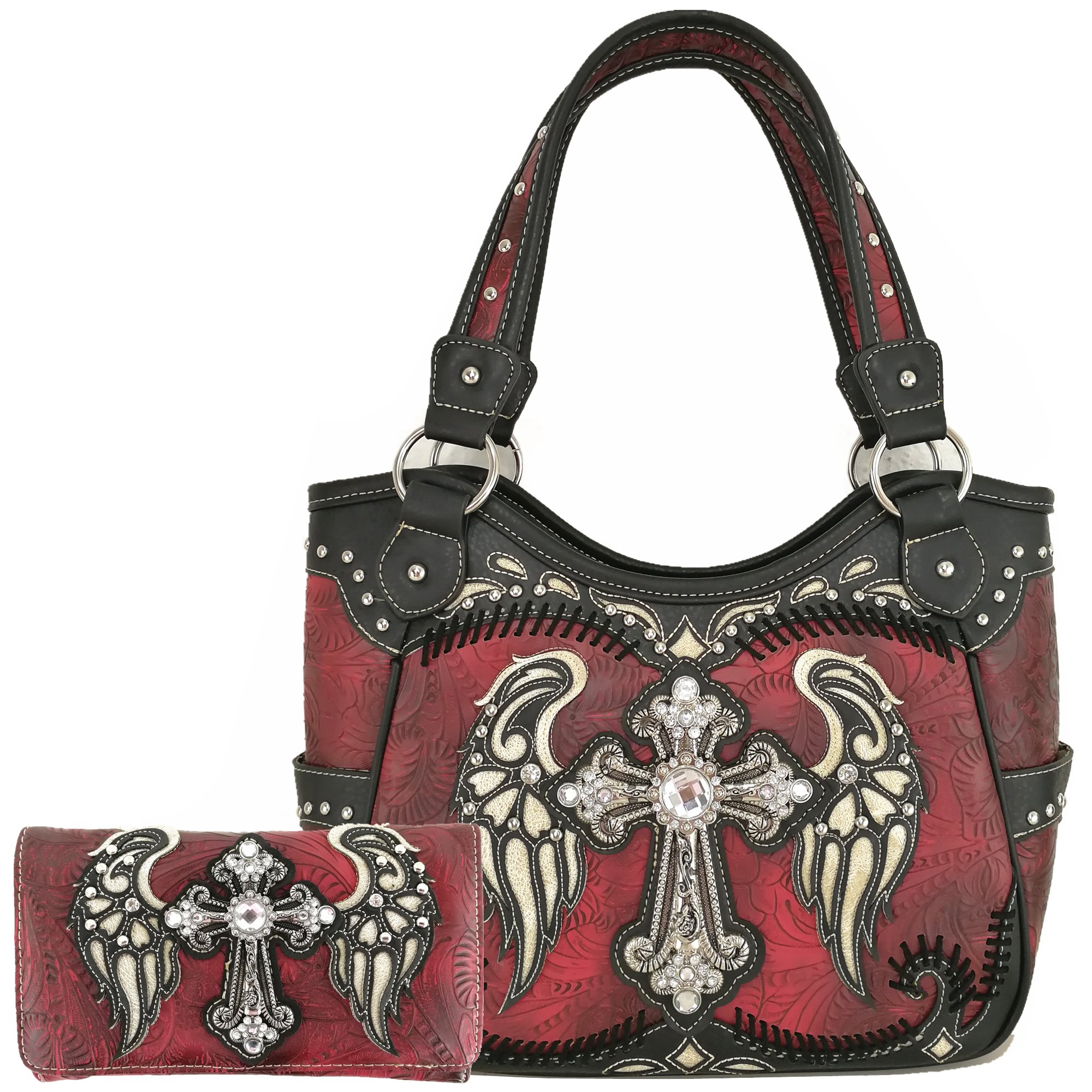 Western Rhinestone Cross Laser Cut Wings Tote Concealed Carry Purse Handbag Women Shoulder Bag Wallet Set (Red Set)