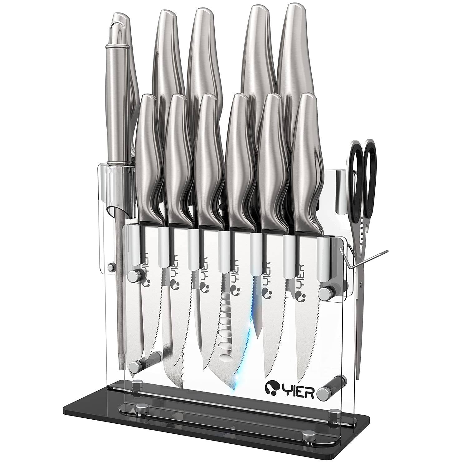 YIER Knife Sets,15 Pieces German High Carbon Stainless Steel Hollow Handle Self Sharpening Kitchen Knife Set with Finger Protection&Acrylic Stand-Best