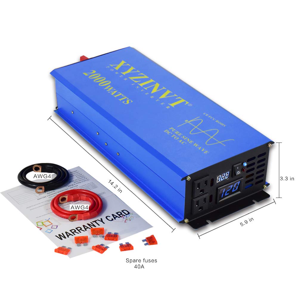 XYZ INVT 2000 watt 2kw Pure Sine Wave Power Inverter dc 12v to ac 120v with LED Display and Wireless Remote Controller for RV Car Off-Grid Solar System (2000w 12v RC)